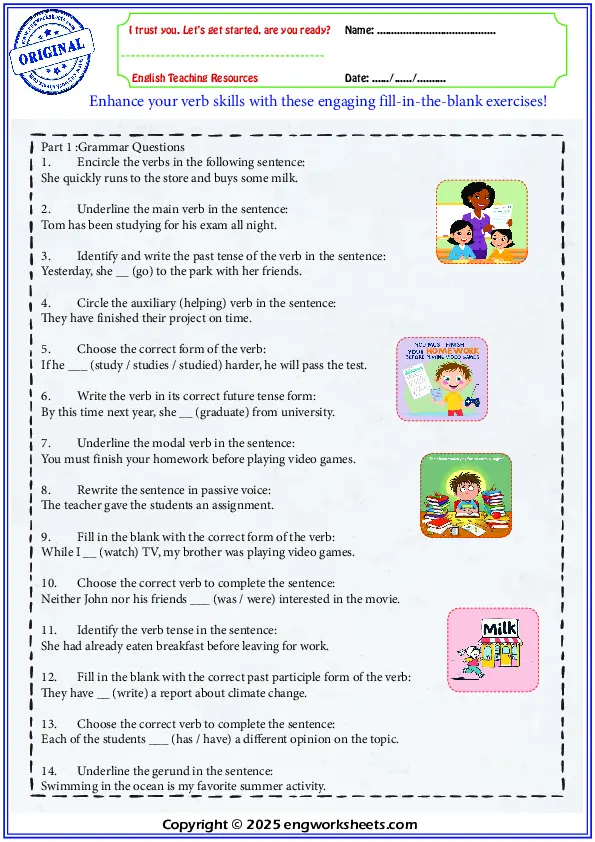 Verb To Be Worksheet Am Is Are English Grammar Exercises for A1 A2 ESL ...