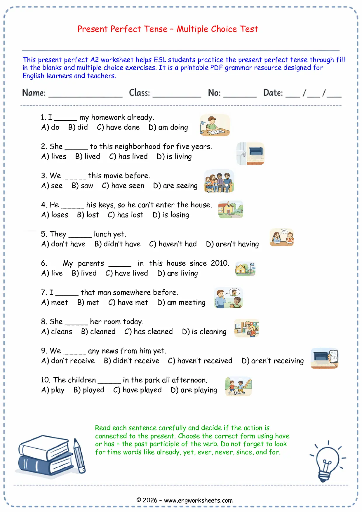 Present Perfect A2 Worksheet PDF Multiple Choice Exercises - Image ...