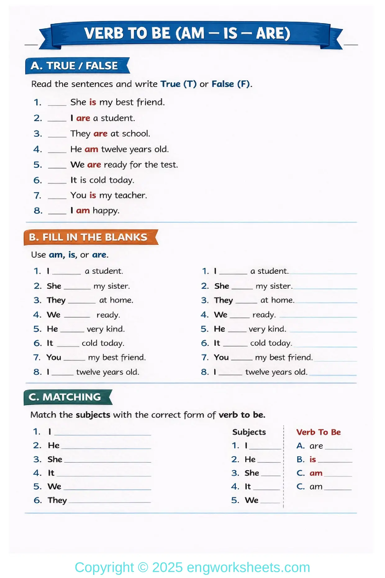 Verb To Be Worksheet Am Is Are English Grammar Exercises for A1 A2 ESL ...