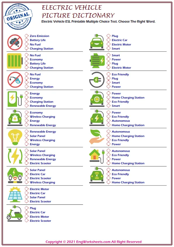 Electric Vehicle Printable English ESL Vocabulary Worksheets ...