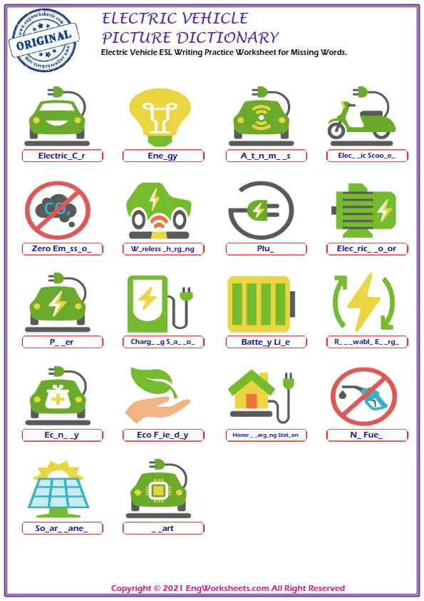 Electric Vehicle Printable English ESL Vocabulary Worksheets ...