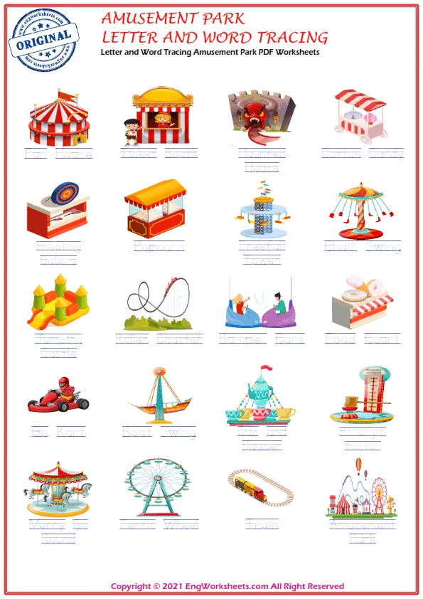 Amusement Park Printable English ESL Vocabulary Worksheets - EngWorksheets