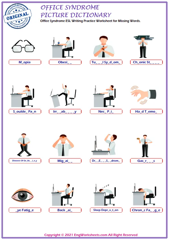 Office Syndrome ESL Writing Practice Worksheet for Missing Words ...