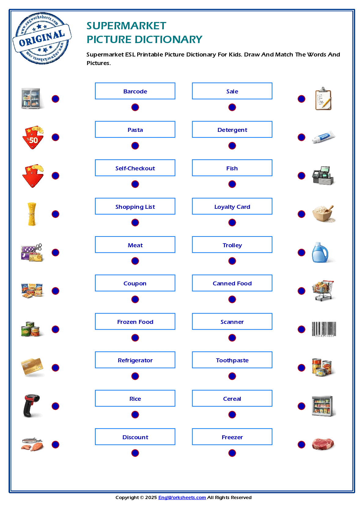 Supermarket ESL Printable Picture Dictionary For Kids. Draw And Match ...