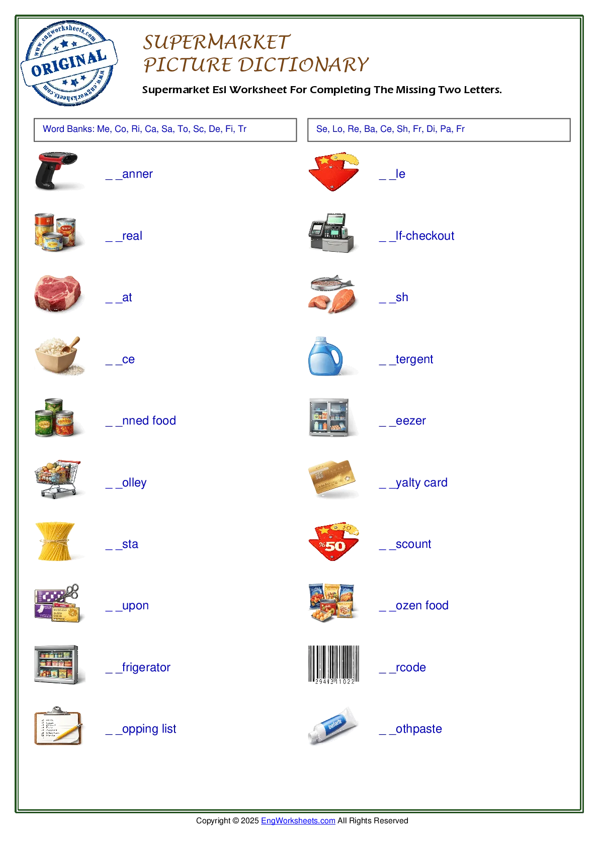 Supermarket Esl Worksheet For Completing The Missing Two Letters ...