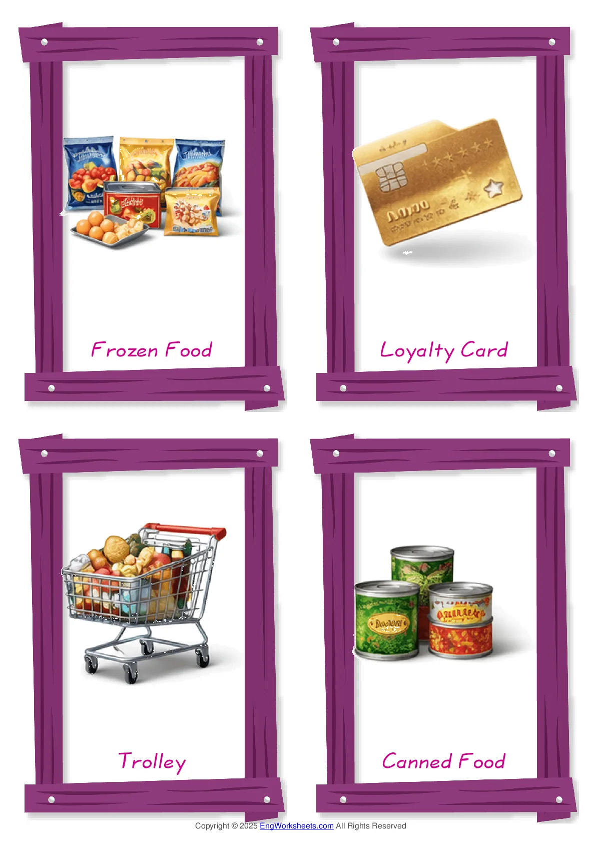 Supermarket vocabulary worksheet with words, four images per page ...
