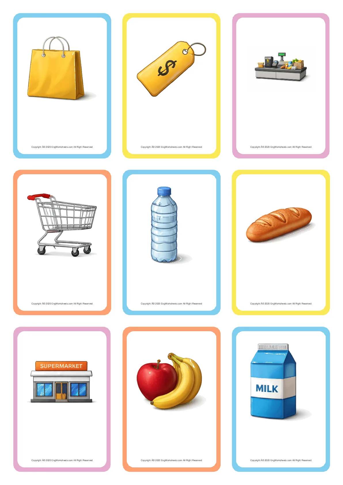 Supermarket vocabulary worksheet with words, nine images per page ...