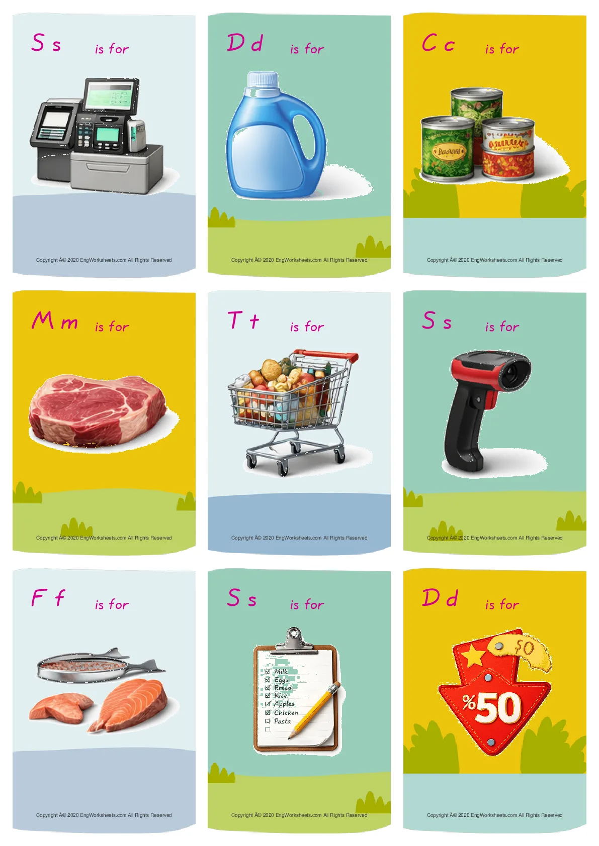 Supermarket vocabulary worksheet with words, nine images per page ...