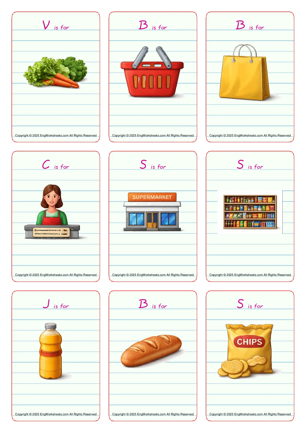 Supermarket vocabulary worksheet with words, nine images per page ...