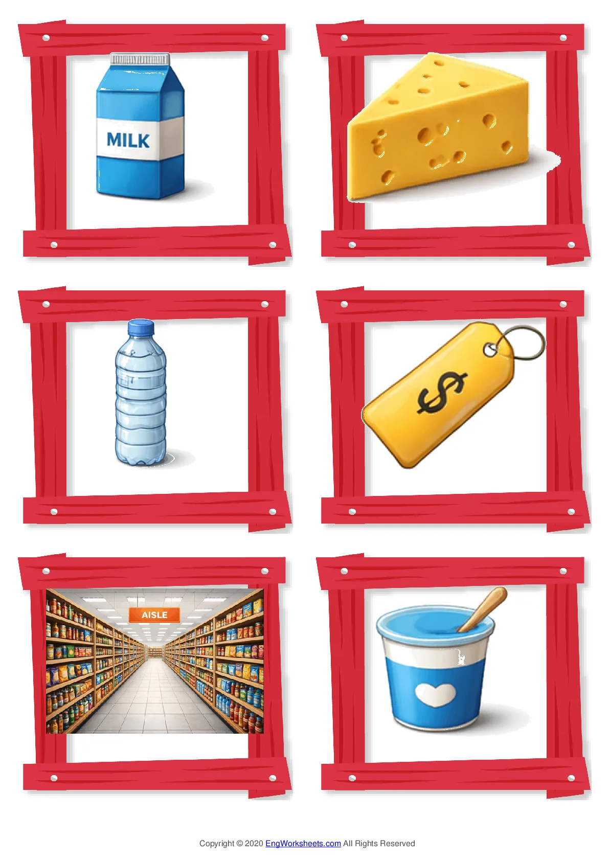 Wordless Supermarket vocabulary worksheet with six images per page ...