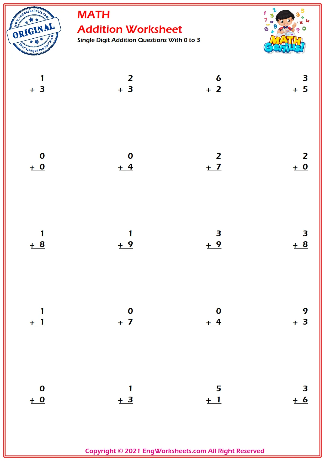 Single Digit Addition Questions With 0 to 3 – EngWorksheets - Images ...