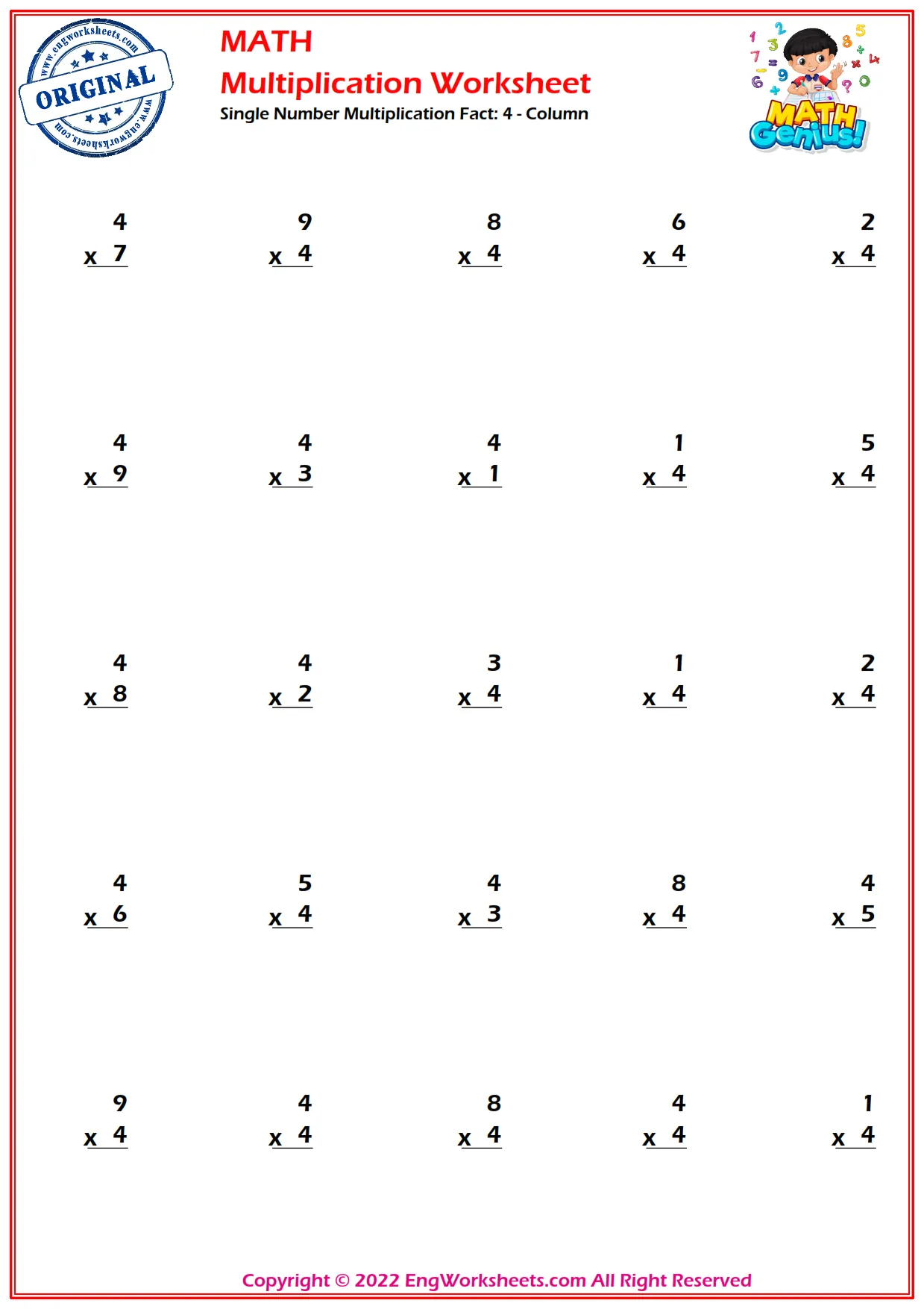 Single Number Multiplication Fact: 4 - Column – EngWorksheets - Images ...