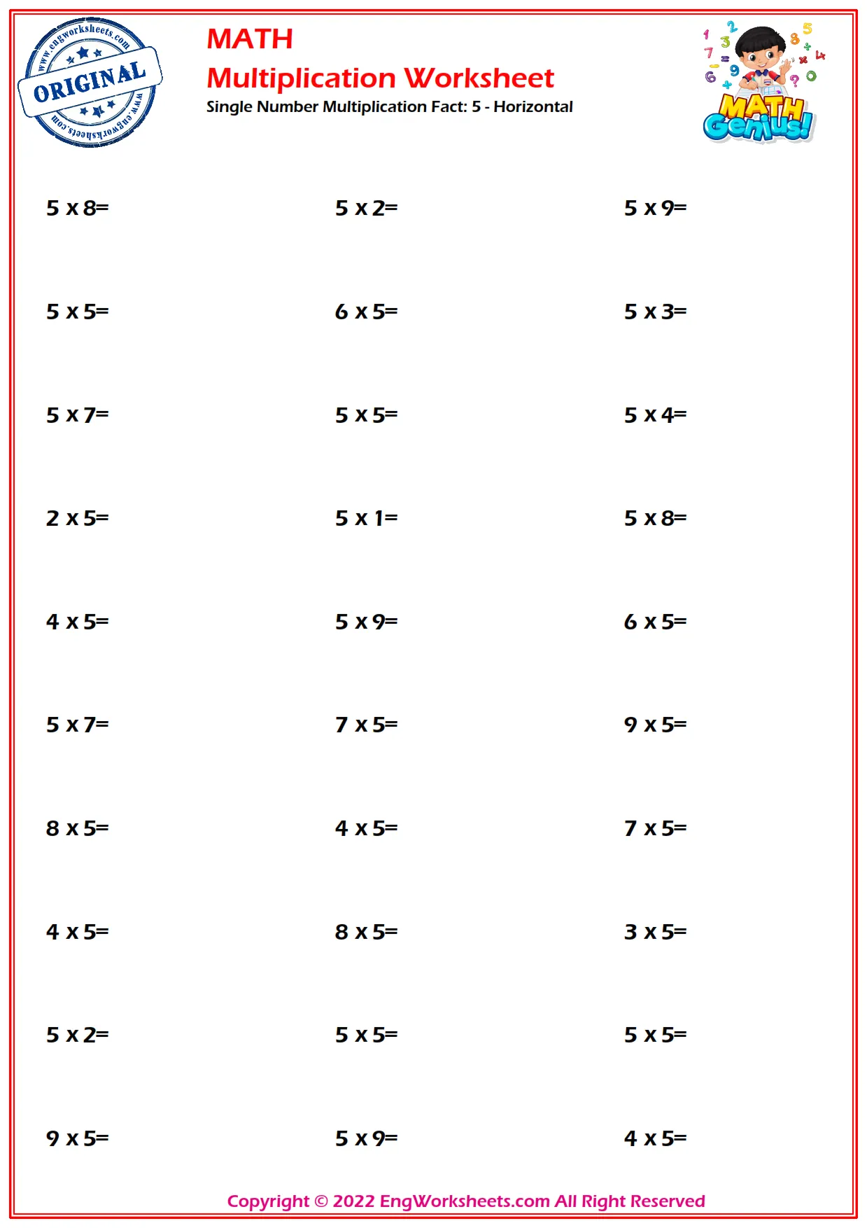 Single Number Multiplication Fact: 5 - Horizontal – EngWorksheets ...